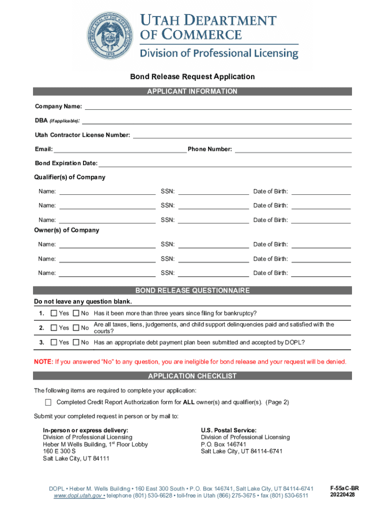 Fillable Online dopl utah Bond Release Request Application - DOPL - Utah.gov Fax Email Print ...