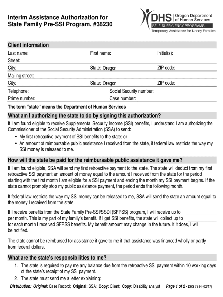 Fillable Online Interim Assistance Authorization for State Family Pre-SSI Program ... Fax Email ...