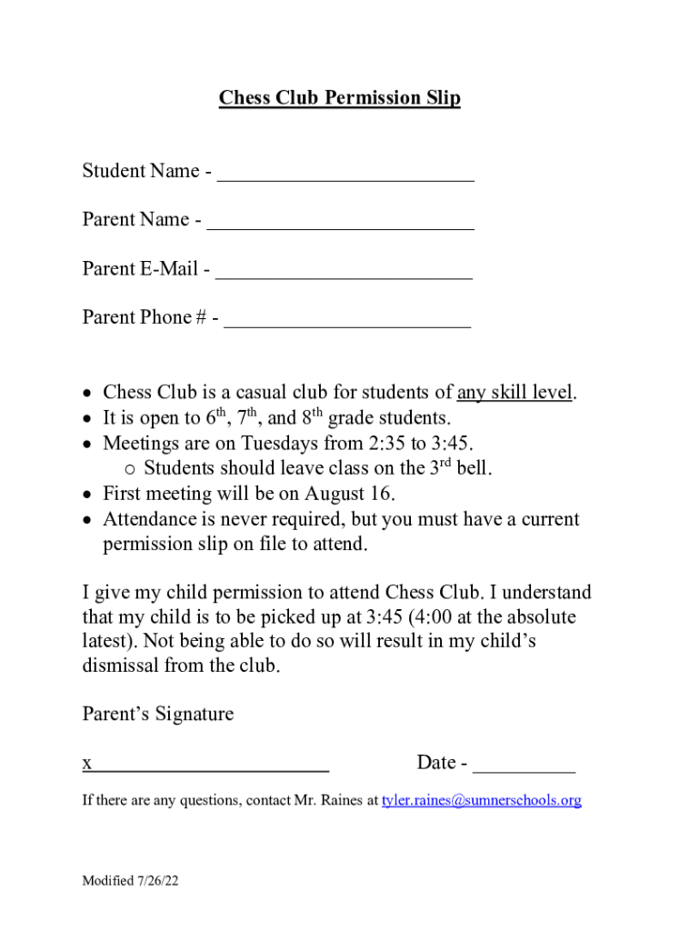 Fillable Online Chess Club PERMISSION FORM My child Fax Email Print ...