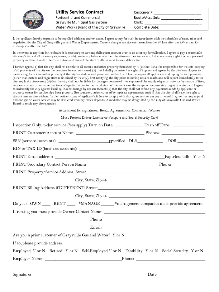 Fillable Online Utility Service Contract - Graysville Fax Email Print ...