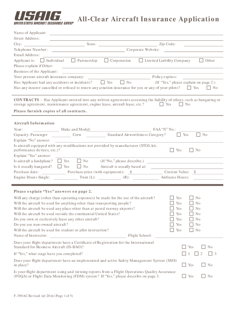 Fillable Online Aircraft Insurance Application - Avion Insurance Fax ...