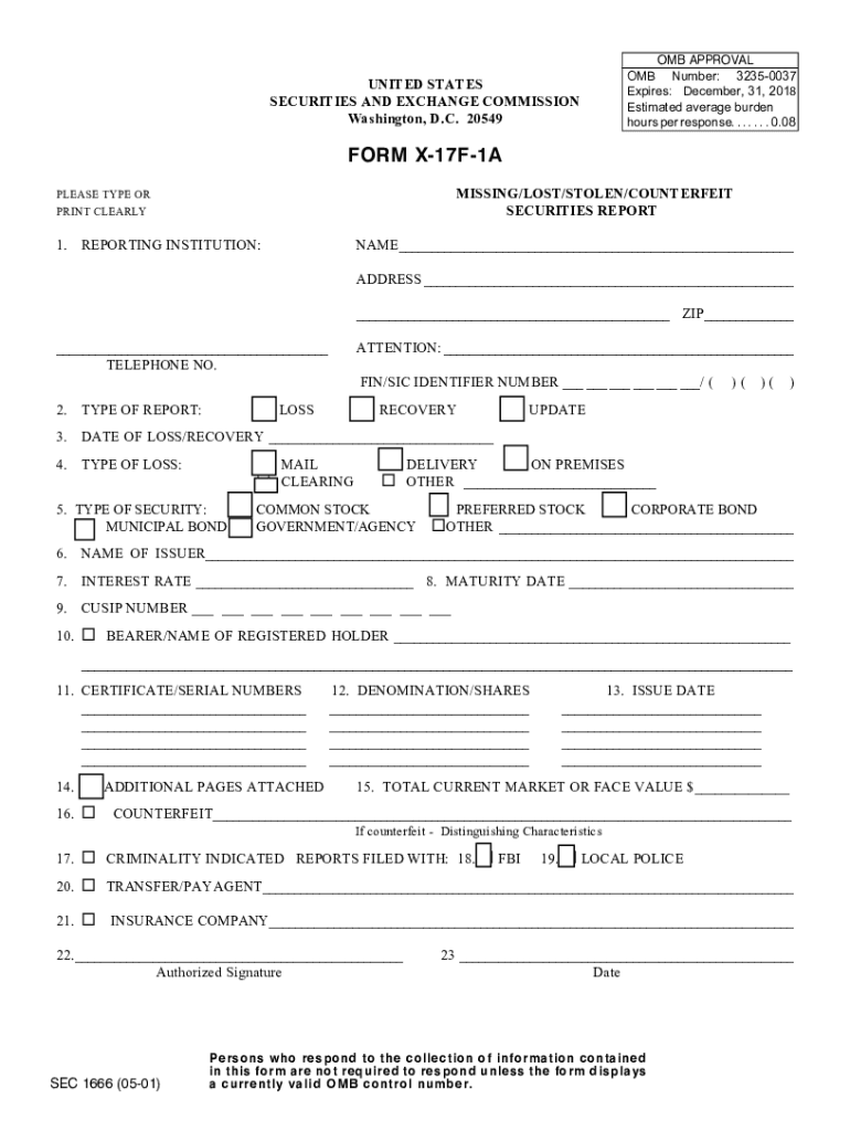 Fillable Online SEC 1666 Form X 17F 1A. Missing/Lost/Stolen/Counterfeit ...