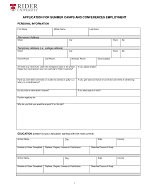 Fillable Online application for summer camps and conferences employment ...