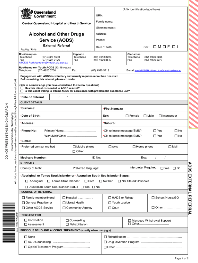 Fillable Online CQ164 Alcohol and Drugs Service (AODS) External ...