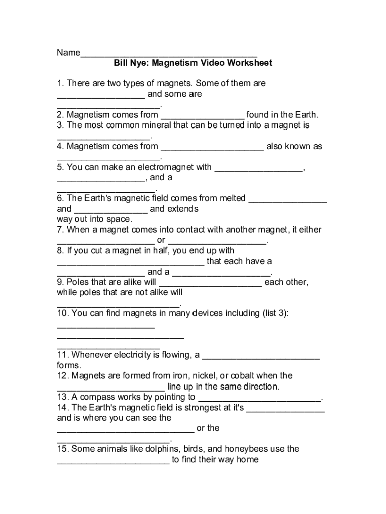 Fillable Online Bill Nye Magnetism - Name Nailea Llamas Date Pd VIDEO ...