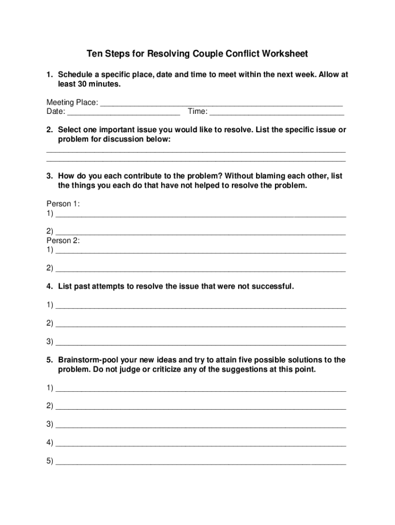 Fillable Online Ten Steps for Resolving Couple Conflict Worksheet Fax Email Print - pdfFiller