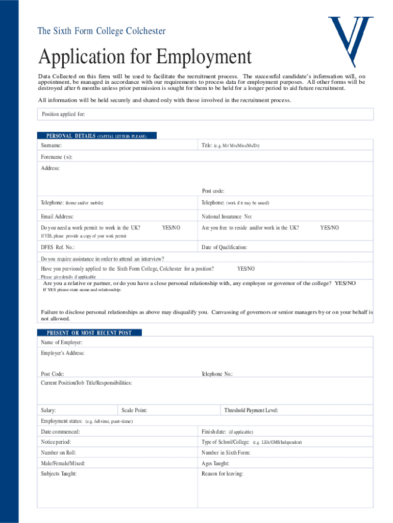 Fillable Online colchsfc ac The Sixth Form College, Colchester Fax ...