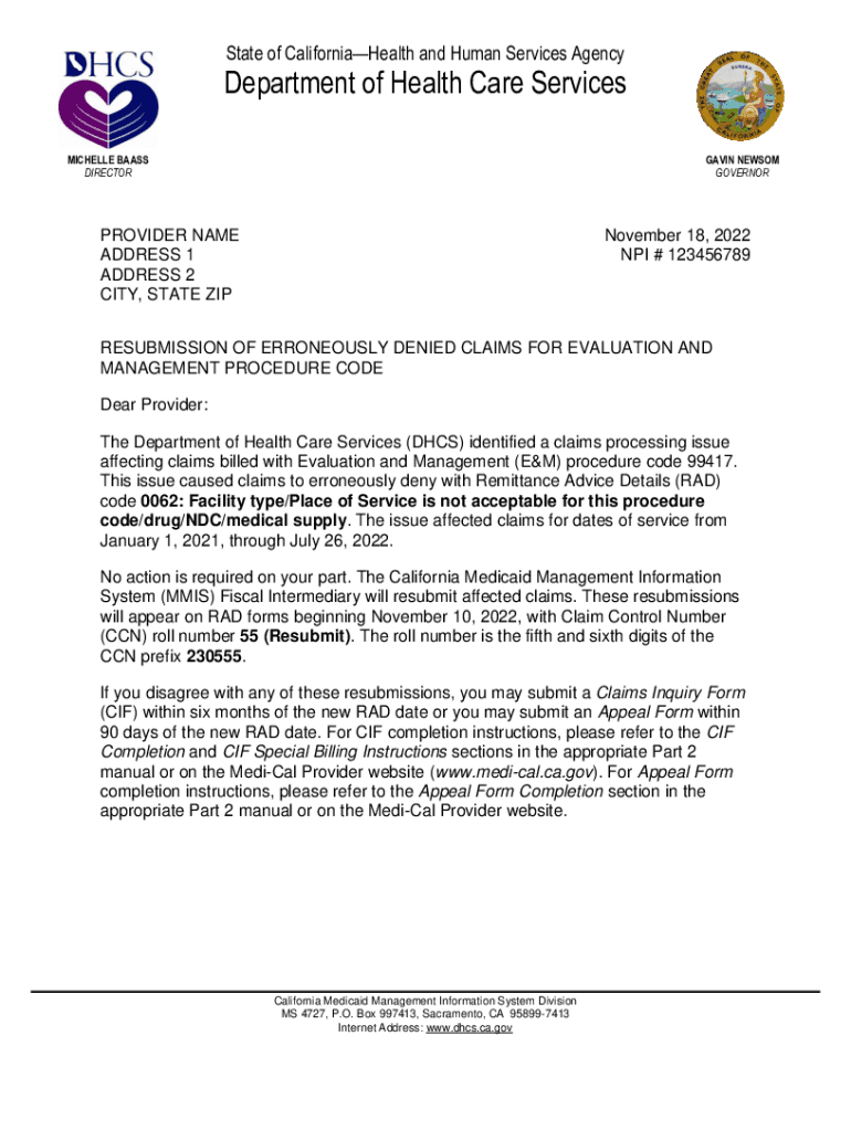 Fillable Online files medi-cal ca Resubmission of Erroneously Denied ...