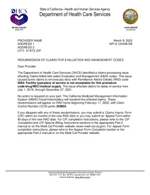 Fillable Online files medi-cal ca Resubmission of Claims for Evaluation ...