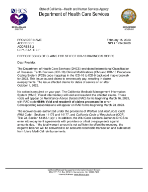 Fillable Online files medi-cal ca Reprocessing of Claims for Select ICD ...