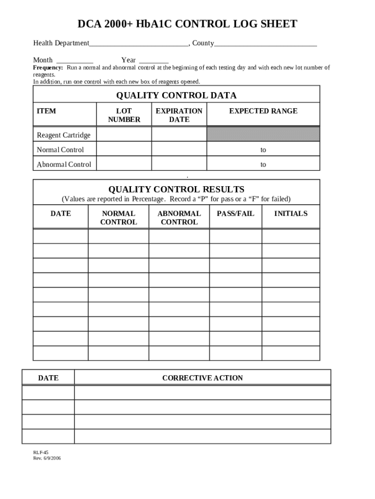 DCA 2000+ HbA1C CONTROL LOG SHEET Doc Template | pdfFiller