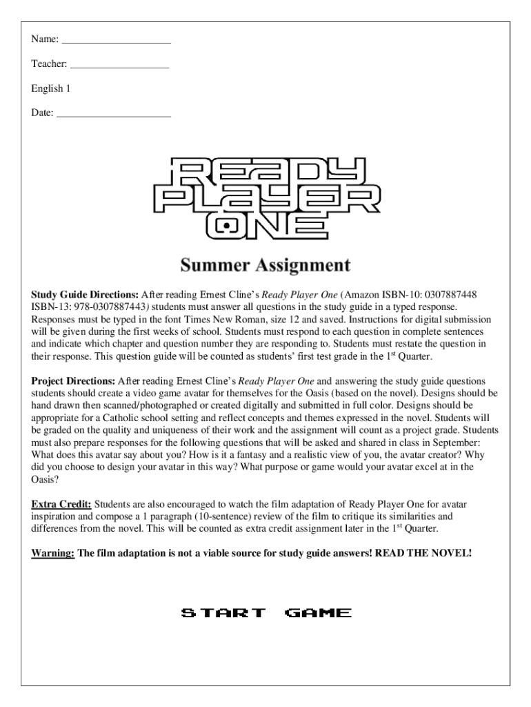 Fillable Online Ready Player One by Ernest Cline - Teacher's Guide Fax ...