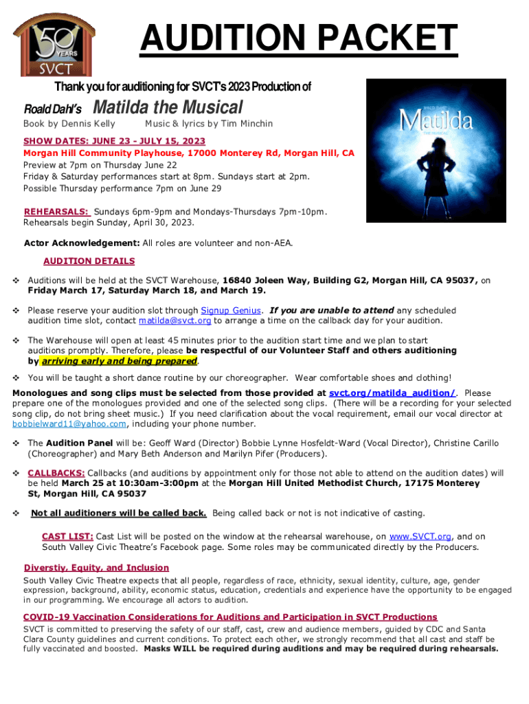 Fillable Online AUDITIONS - Roald Dahl's Matilda The Musical Fax Email Print - pdfFiller