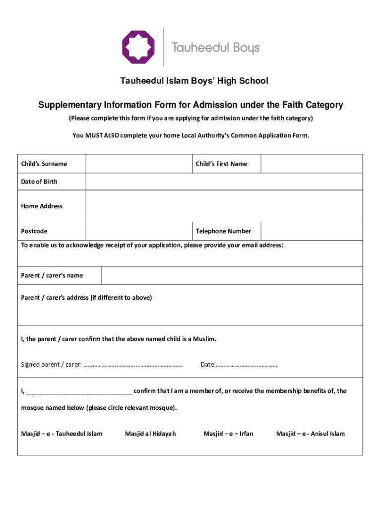 Fillable Online Tauheedul Islam Boys' High School (TIBHS) Fax Email ...