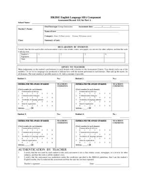 Fillable Online HKDSE English Language SBA Component Assessment Record ...