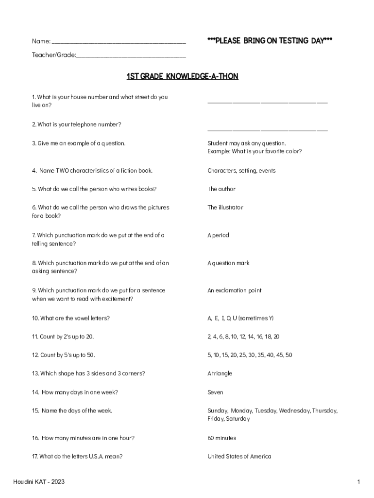 Fillable Online 1ST GRADE KNOWLEDGE-A-THON Fax Email Print - pdfFiller
