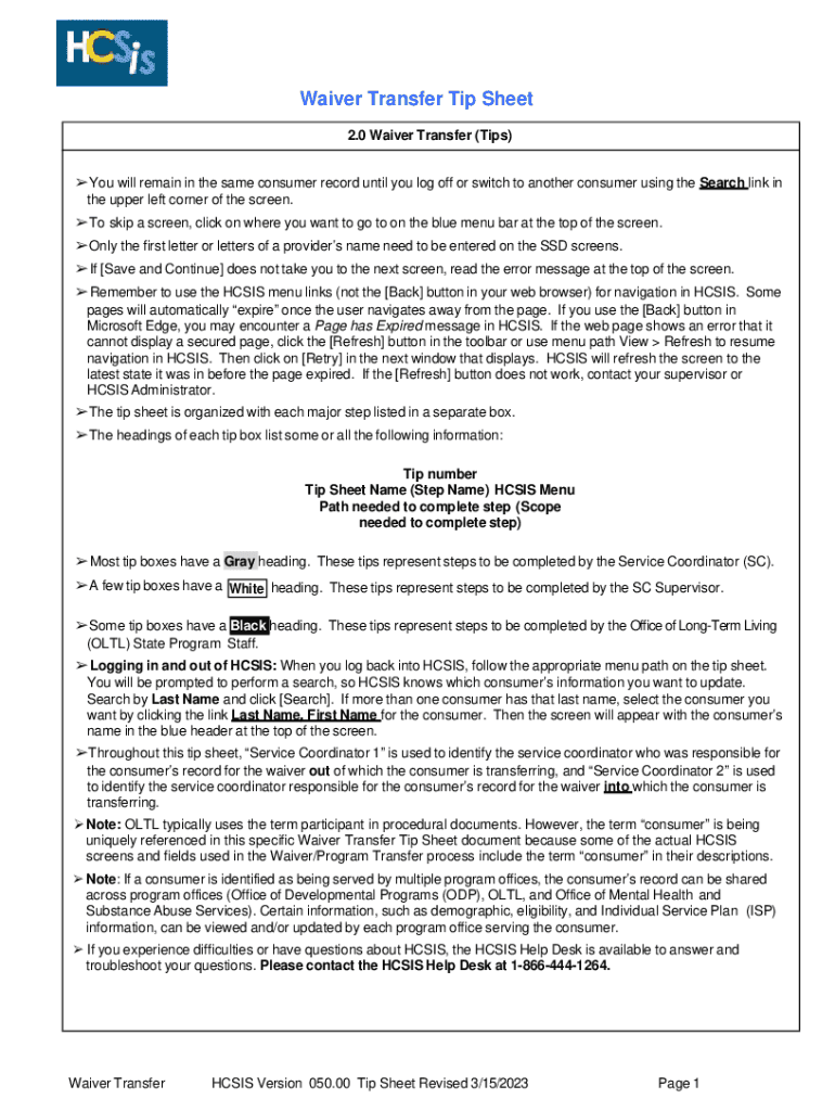 Fillable Online Waiver Transfer Tip Sheet Fax Email Print - pdfFiller