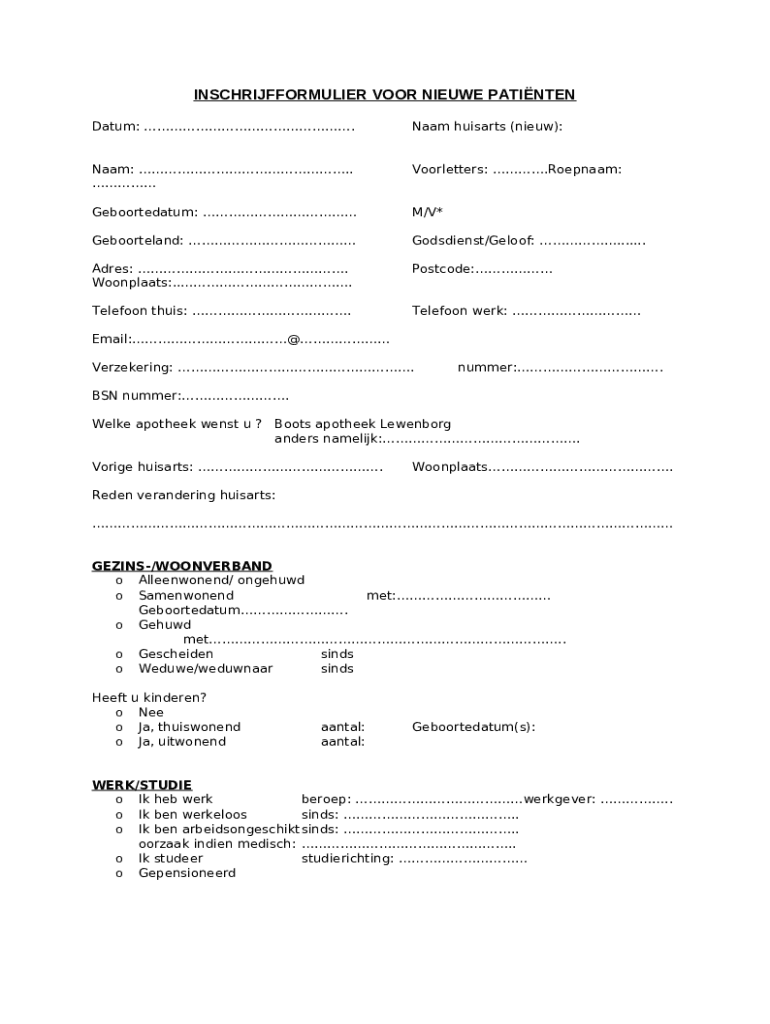 INSCHRIJVING NIEUWE PATINT(EN) Achternaam Doc Template | pdfFiller