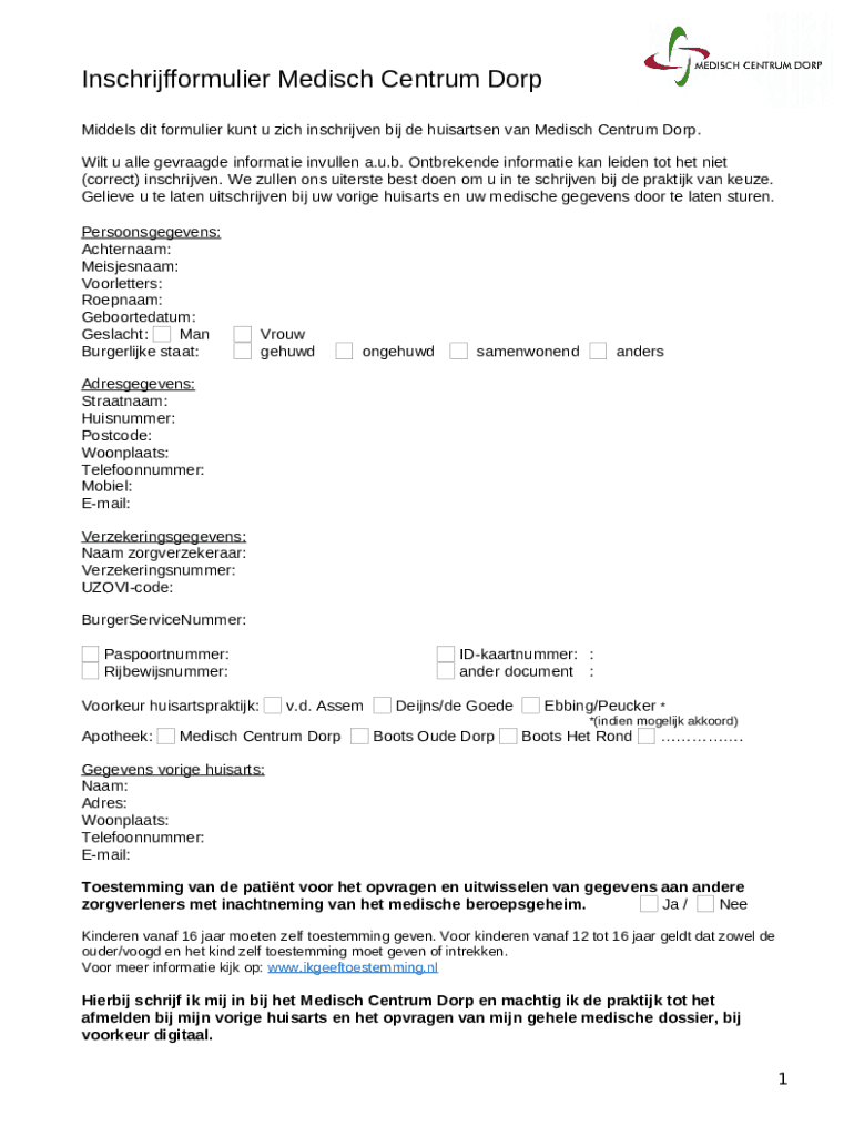 Inschrijfulier - Huisartsen Medisch Centrum Aalst Doc Template | pdfFiller