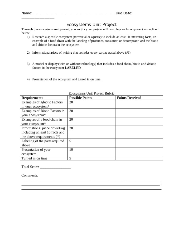 Ecosystems Unit Project (2).docx - Name: Due Date: ... Doc Template ...