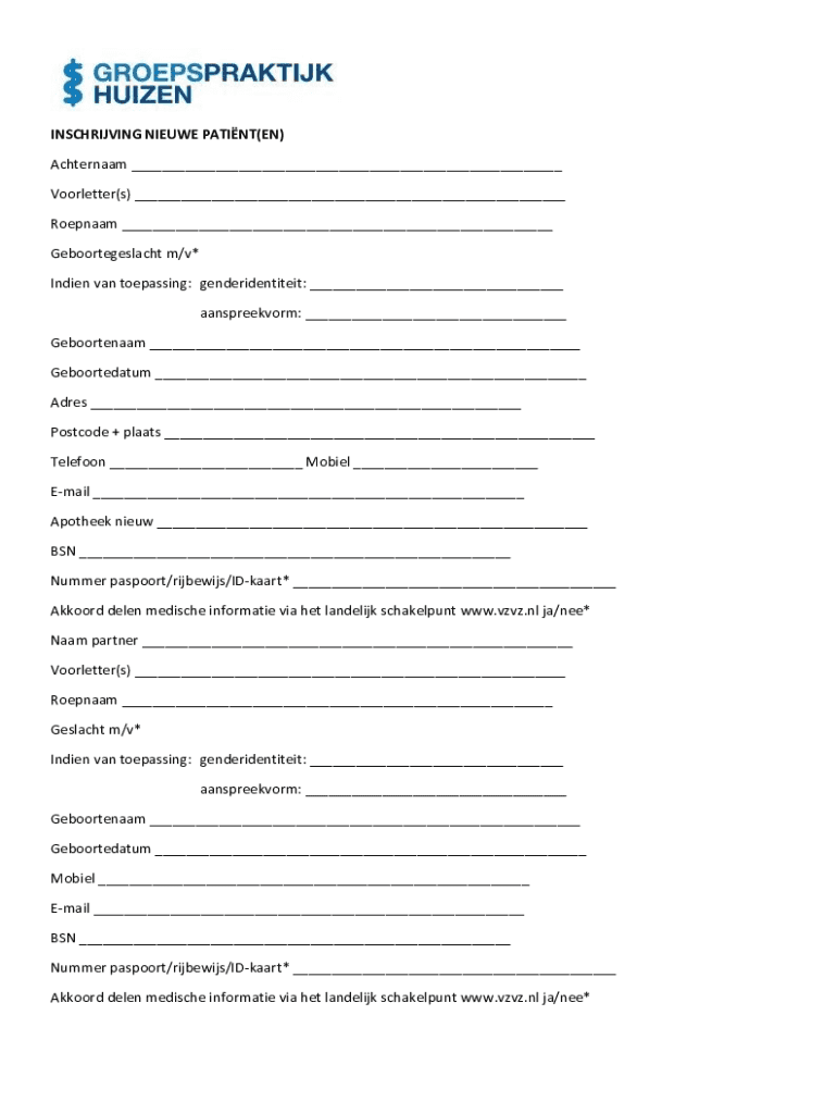 Invulbaar Online INSCHRIJVING NIEUWE PATINT(EN) Faxnummer Email ...