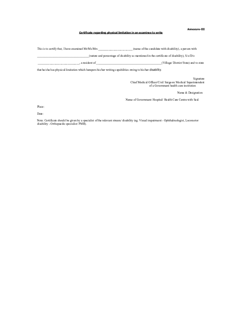 Fillable Online Certificate regarding Physical limitation in ...