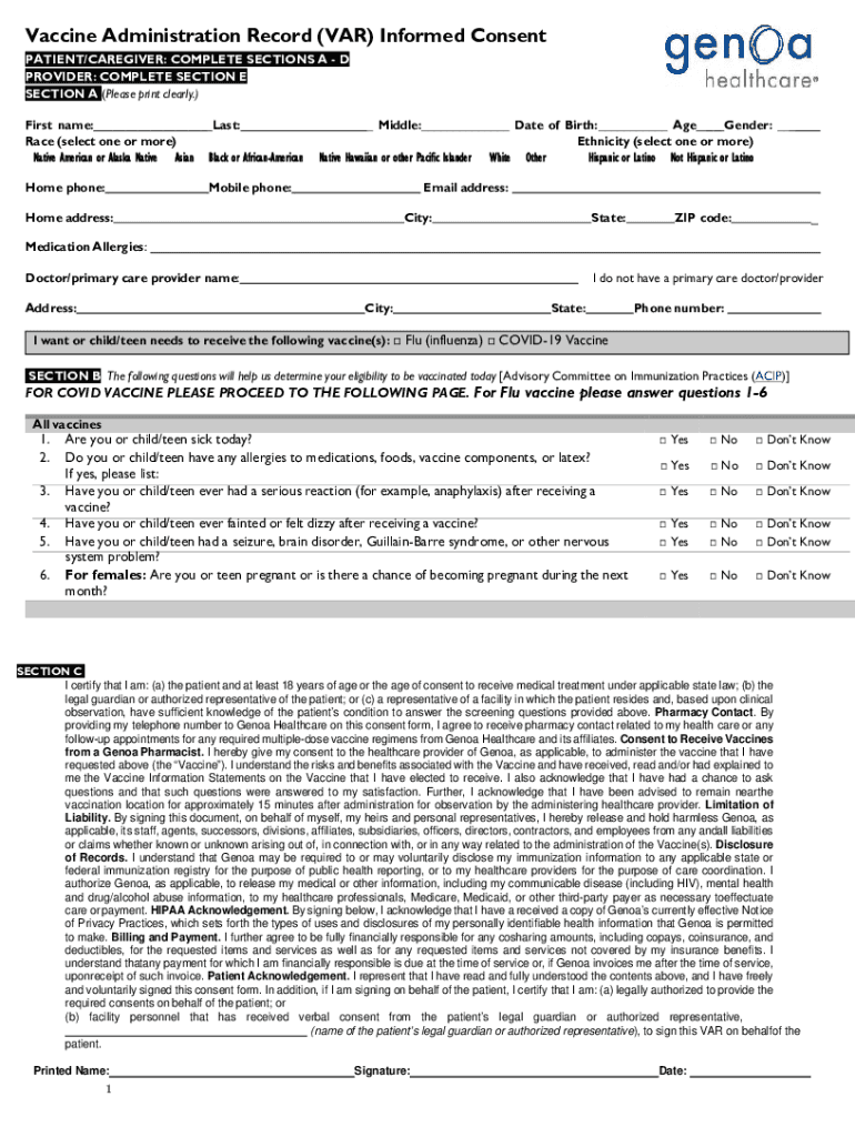 Fillable Online Vaccine Administration Record (VAR)Informed Consent ...