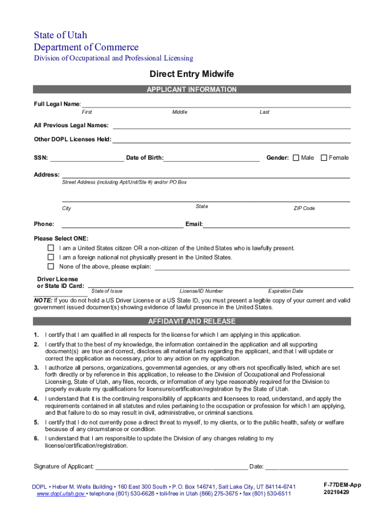Fillable Online Apply for a Direct-Entry Midwifery License - DOPL ...