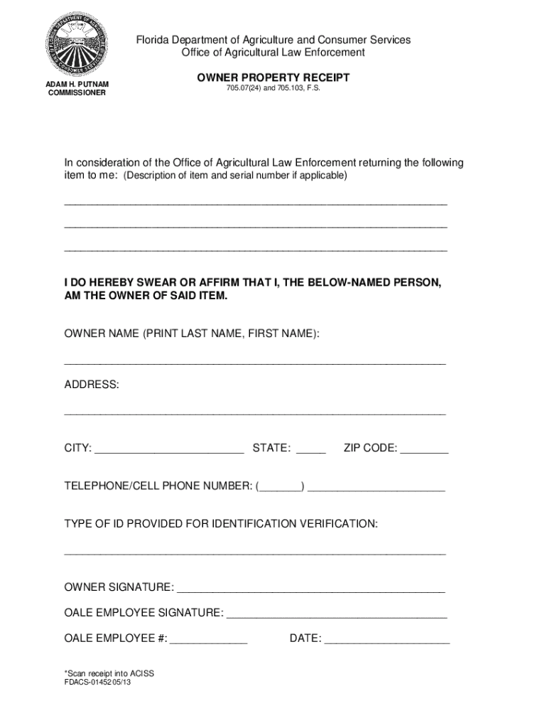 Fillable Online OWNER PROPERTY RECEIPT Fax Email Print - pdfFiller