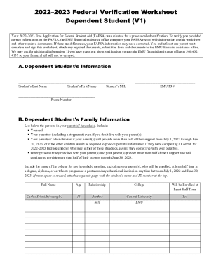 Fillable Online 2022-2023 Verification Worksheet (V1) Fax Email Print - pdfFiller
