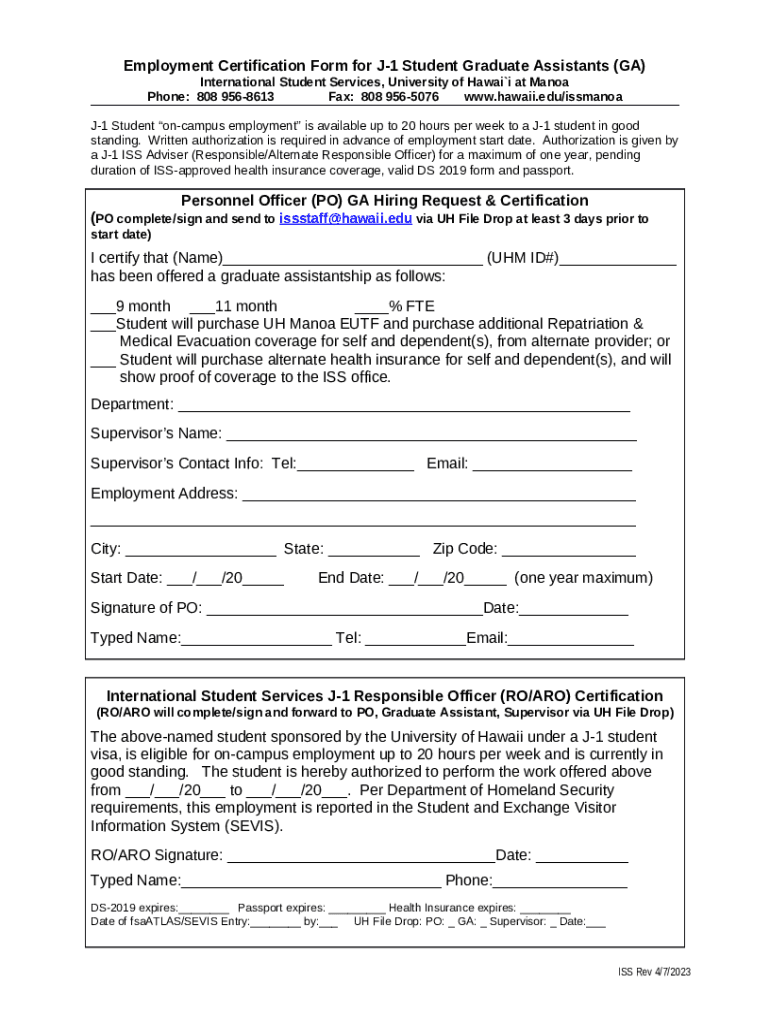 Employment Certification for J-1 Student Graduate Assistants (GA) Doc ...