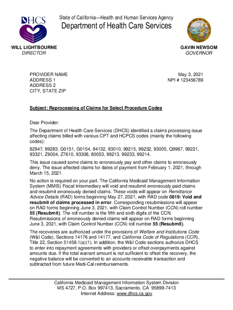 Fillable Online files medi-cal ca 31088P42703Reprocessing of Claims for ...