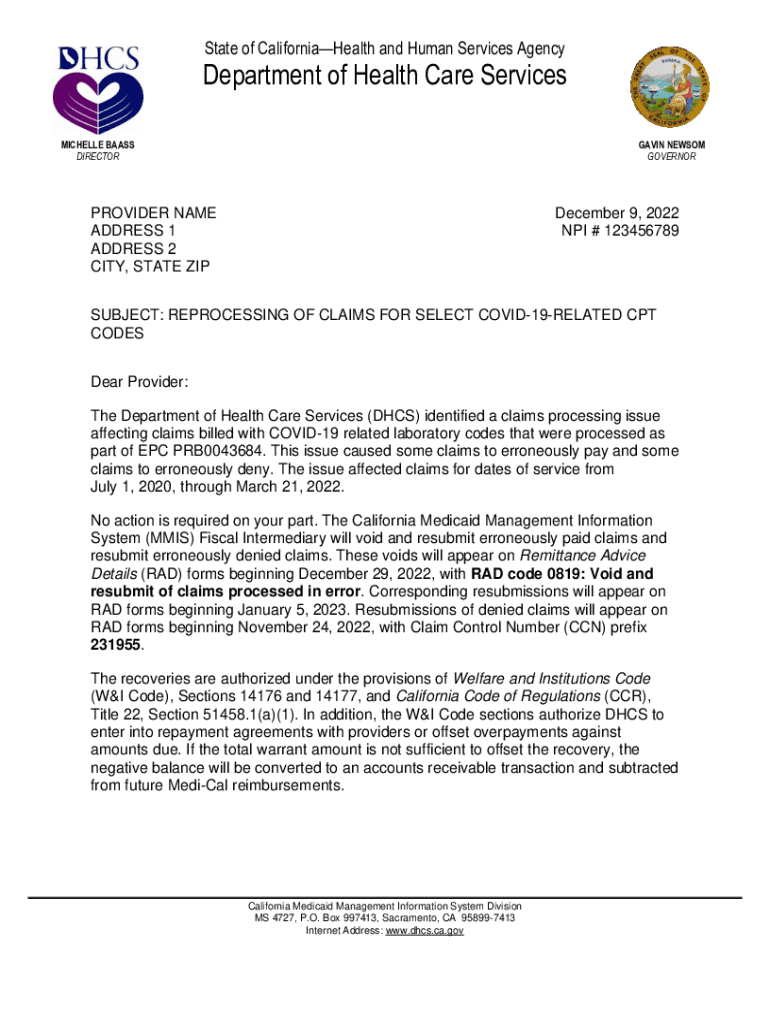 Fillable Online files medi-cal ca Reprocessing of Claims for Select Covid-19-Related CPT Codes ...
