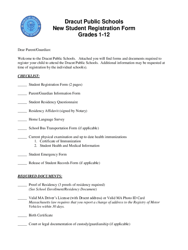 Fillable Online Dracut Public Schools New Student Registration Form ... Fax Email Print - pdfFiller