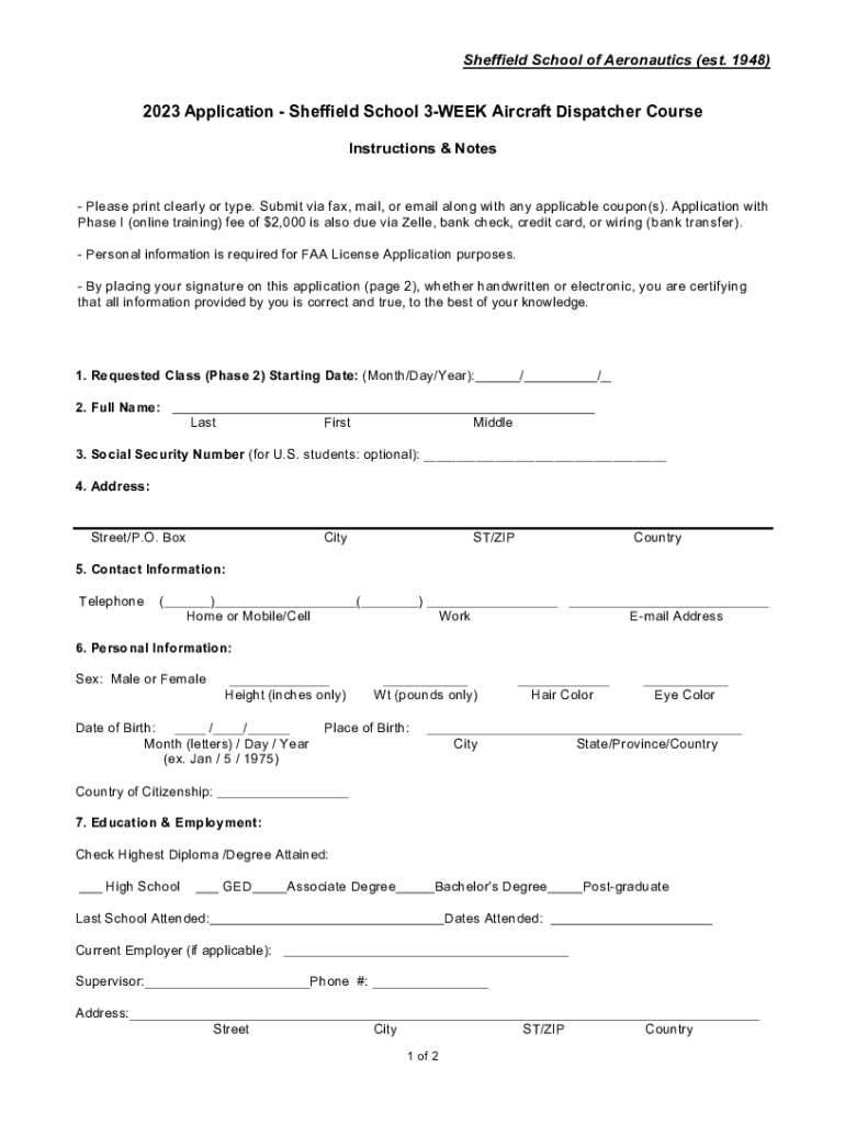 Fillable Online 2023 Application - Sheffield School 3-WEEK Aircraft ...