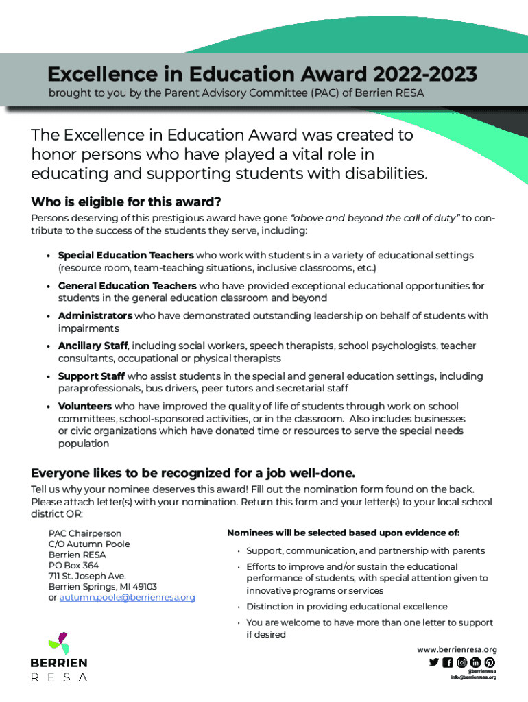 Fillable Online Berrien RESA names Excellence in Education award winner ...