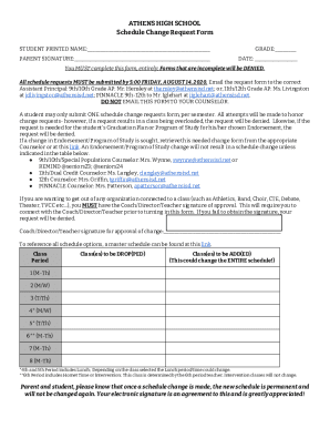 Fillable Online ATHENS HIGH SCHOOL Schedule Change Request Form Fax ...