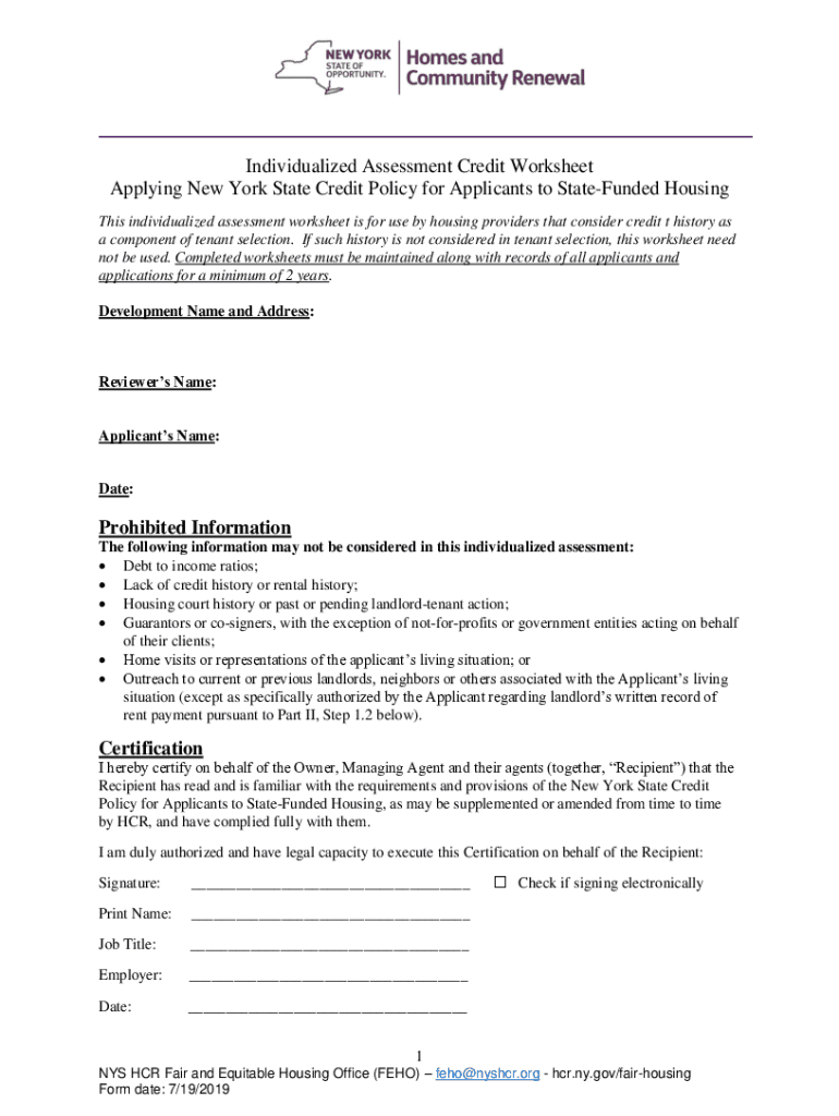 Fillable Online New York Individualized Assessment Credit Worksheet ...
