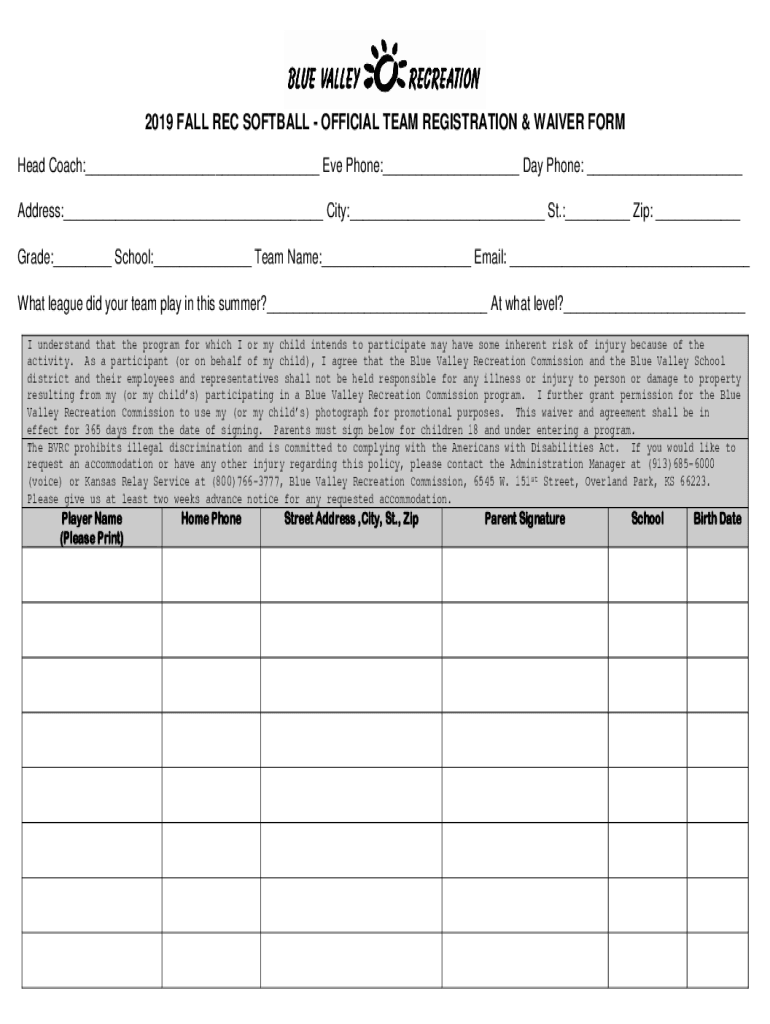 Fillable Online 2019 Lake Alliance Adult Fall Softball Registration ...