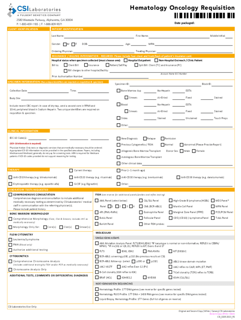 Fillable Online GA CSI Laboratories Hematology Oncology Requisition ...