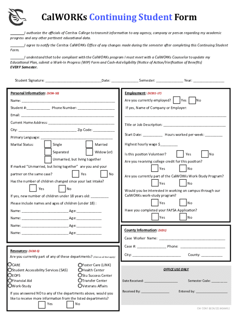 Fillable Online Cerritos College CalWORKs - Continuing Student Form Fax Email Print - pdfFiller