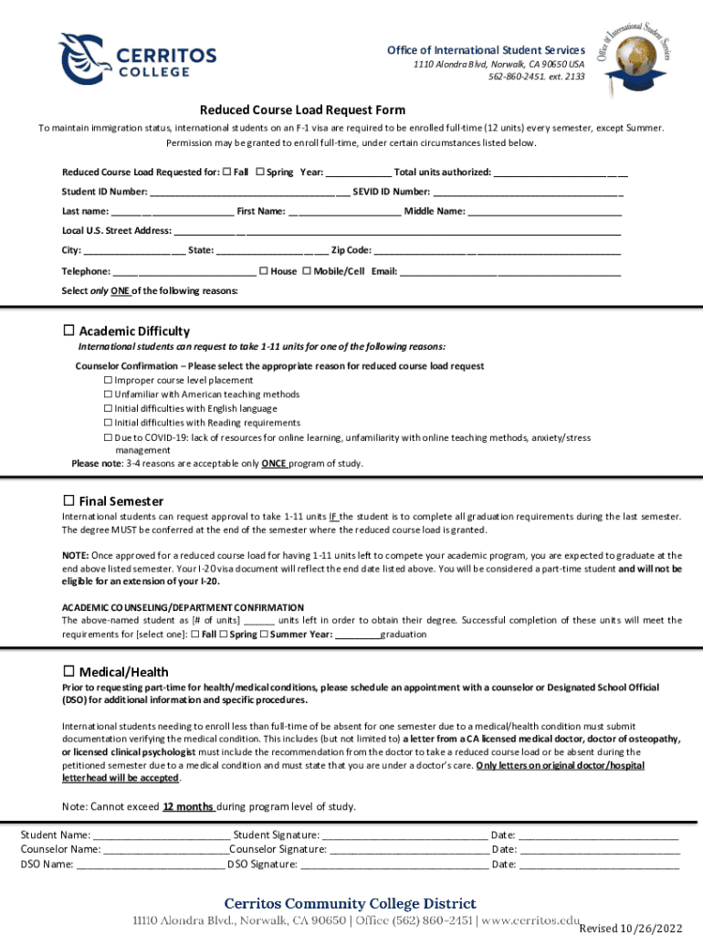 Fillable Online Cerritos College International Student Services - Reduced Course Load Request ...
