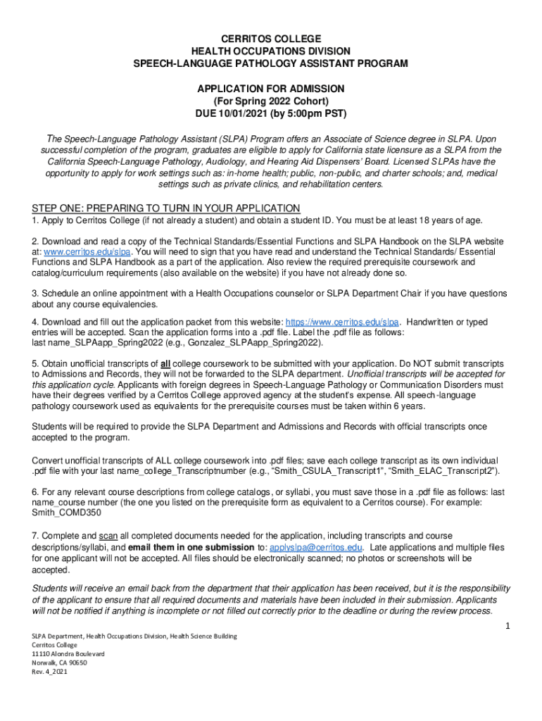 Fillable Online Cerritos College SLPA - Application for Admission Fax ...