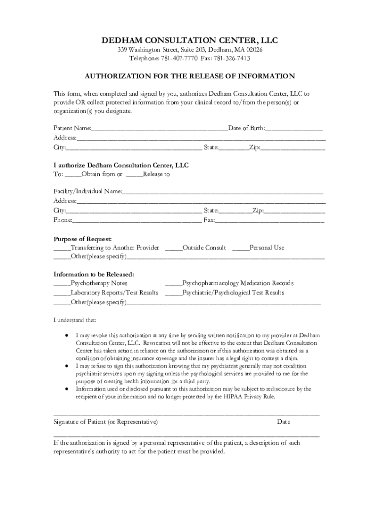 Fillable Online Forms - Dedham Consultation Center Fax Email Print ...