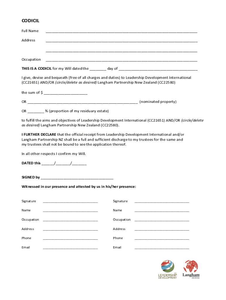 Fillable Online THIS IS A CODICIL for my Will dated the day of Fax ...