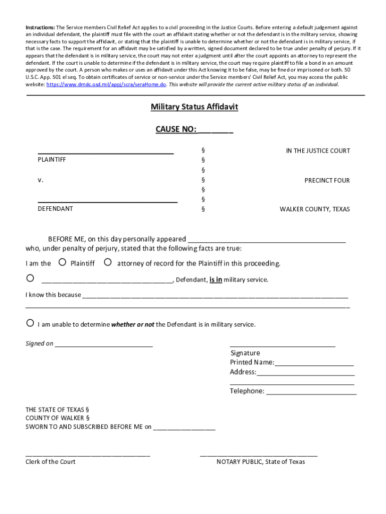 Fillable Online Military Status Affidavit CAUSE NO: Fax Email Print ...