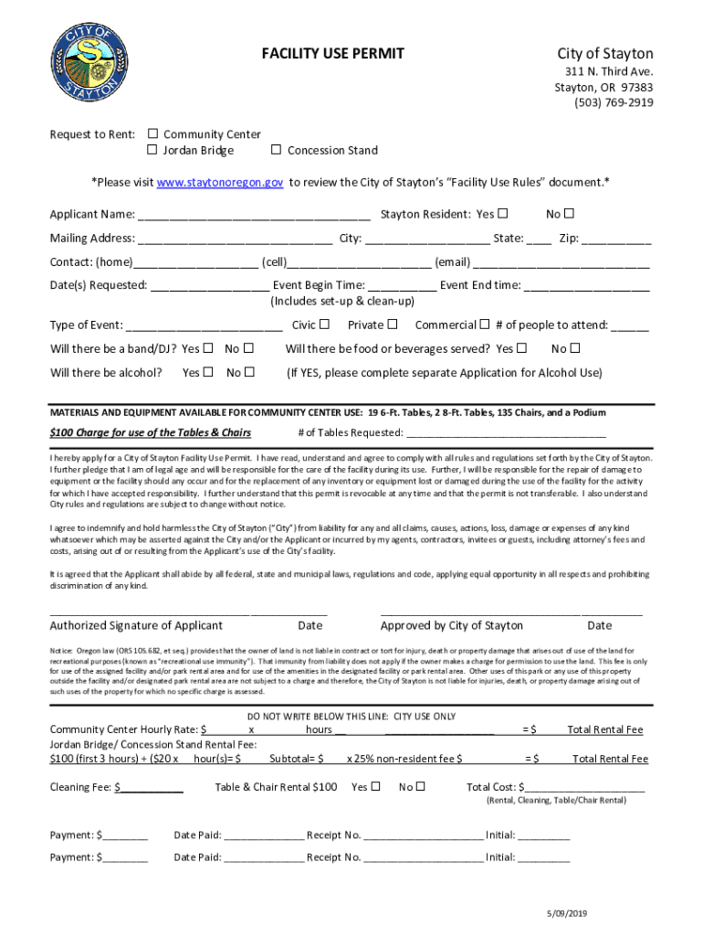 Fillable Online FACILITY USE PERMIT City of Stayton Fax Email Print - pdfFiller