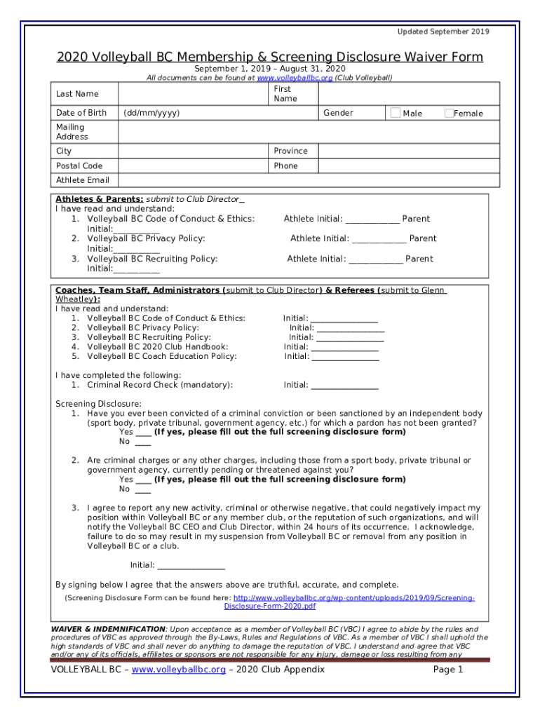 2020 Volleyball BC Membership & Screening Disclosure Waiver Doc ...