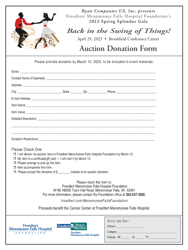 Fillable Online 2023 Spring Splendor Gala Auction Donation Form Fax ...