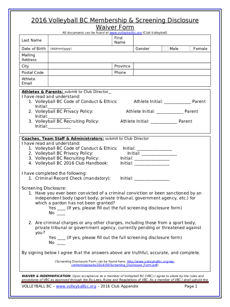 2016 Volleyball BC Membership & Screening Disclosure Waiver Doc ...